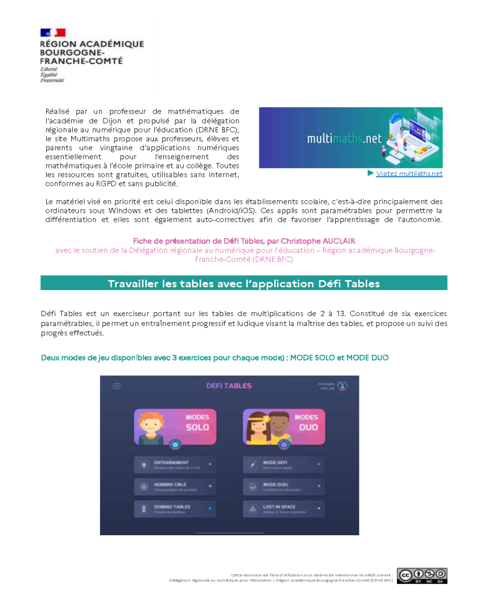 [Multimaths] Travailler les tables avec l’application Défi Tables - DRANE Bourgogne-Franche-Comté